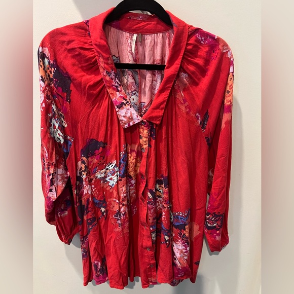 Free People | Tops | Free People Red Print Blouse | Poshmark